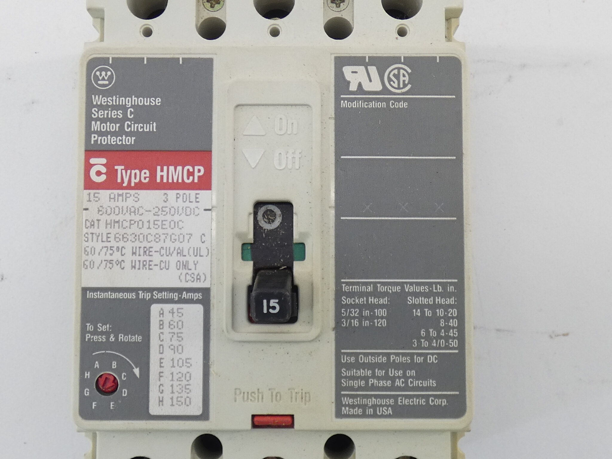 Westinghouse HMCP015E0C Circuit Breaker 15A 600V 3P Motor Circuit ...